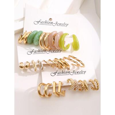 earrings women Set 6 pairs金属麻花耳环套装6对耳圈几何型耳饰