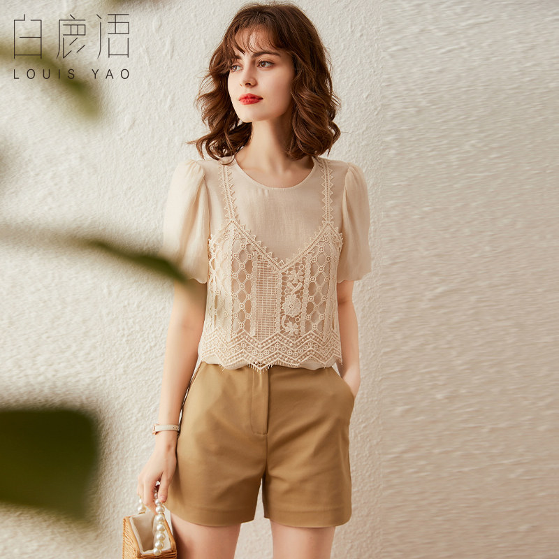白鹿语蕾丝吊带拼接假两件上衣夏款法式优雅圆领短袖镂空衬衫女