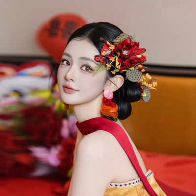新娘高级感婚礼造型红色系复古头饰仿真莲蓬花新中式明媚惊艳发饰