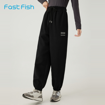 快鱼束脚休闲裤女春秋新款340G针织松紧腰宽松运动裤子简约棉长裤