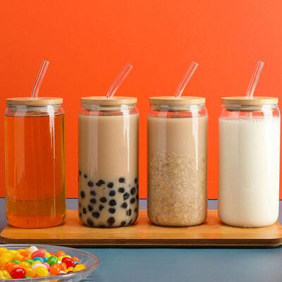 玻璃可乐杯带盖奶茶杯圆形竹盖吸管杯套装16oz透明冷饮水杯