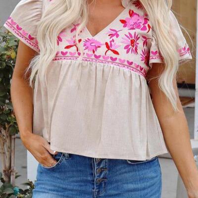Women's Floral Embroidery V Neck Blouse Boho Casual Short