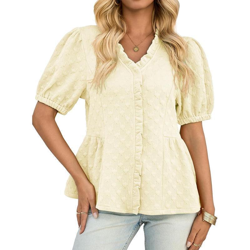 G 75066 Denim Ruffle V-neck Shirt 仿牛仔荷叶边 V 领衬衫