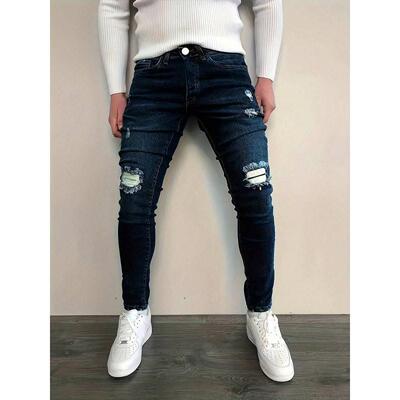 H 44523 Men's distressed badge skinny jeans 士破洞徽章小脚