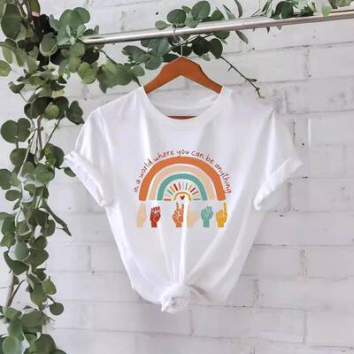 Women's Letter Print Round Neck Tee, Casual Short Sleeve
