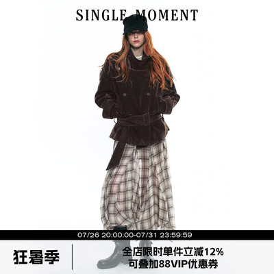 SINGLE MOMENT 25AW法式复古植绒大立领短款双排扣系腰风衣外套女