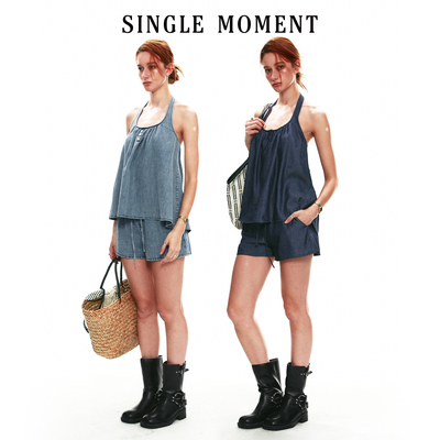 SINGLE MOMENT 26SS法式夏季休闲宽松A摆压褶挂脖牛仔背心套装女