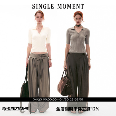 SINGLE MOMENT 26SS法式坑条五分袖套头针织衫百搭POLO杉上衣女