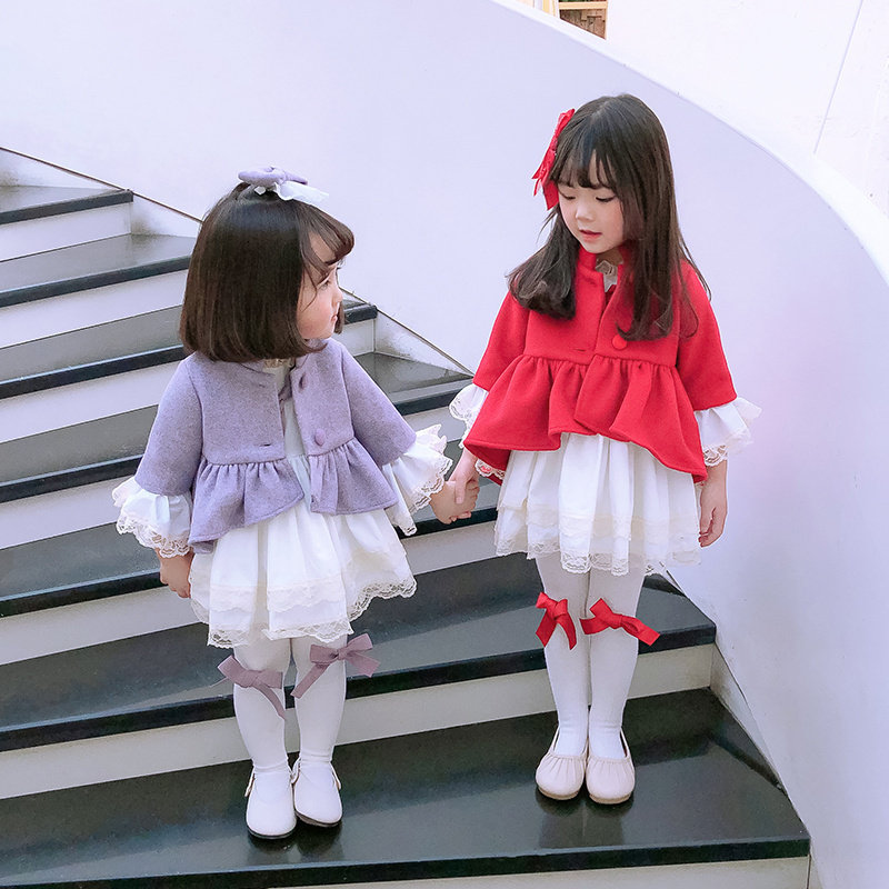 HULU原创童装春秋新款红色羊毛呢大衣女宝洋气西班牙宫廷套装