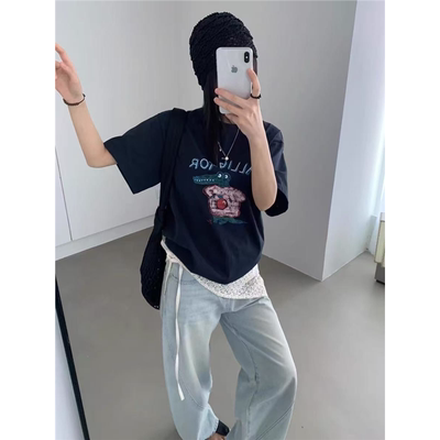 aboutmoon卡通鳄鱼印花短袖T恤女2025夏新款韩版宽松休闲百搭上衣