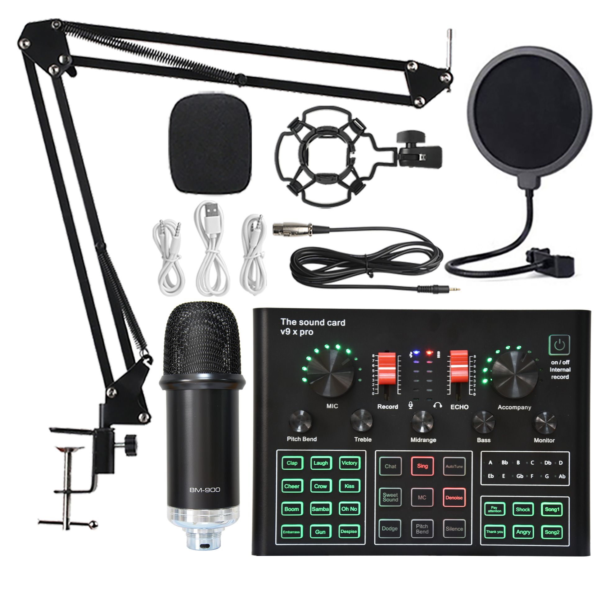 外贸新款V9直播声卡套装手机K歌录音直播声卡话筒补光灯直播设备