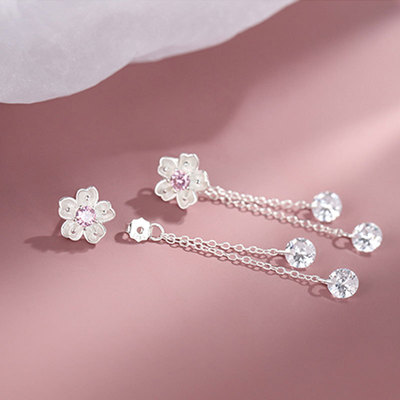 925 Sterling Silver Tassel Chain Cherry Blossoms Drop