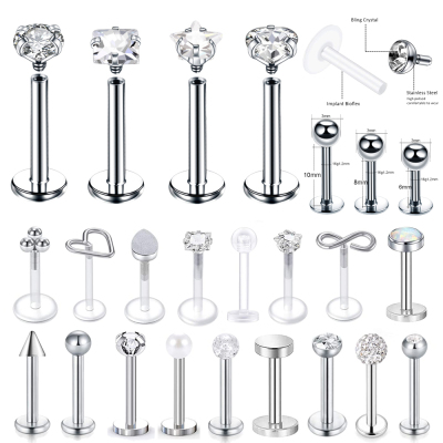 2023 16g Stainless Steel Lip Labret Piercing Crystal Ball