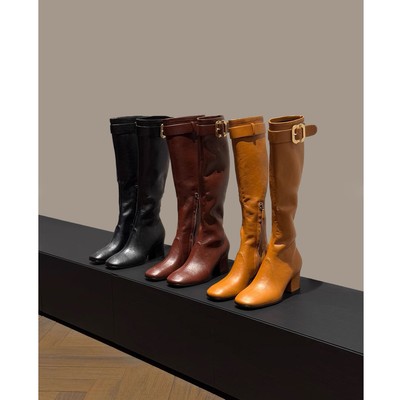 张元英同款粗跟不过膝长靴女后拉链长筒瘦瘦靴方头皮带扣骑士靴