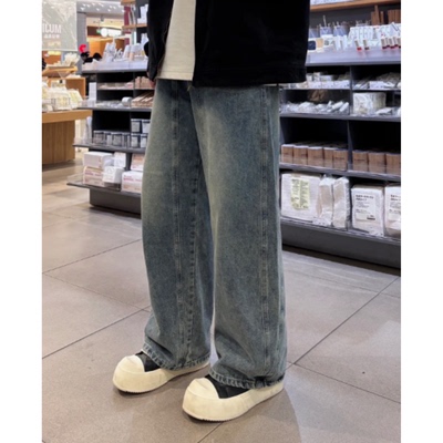 2025春秋美式高街阔腿弯刀牛仔裤男水洗阔腿做旧香蕉裤直筒裤男