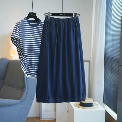 柜上5K+日系松紧高腰中长款后开叉半身裙女休闲通勤裙子春夏A116R