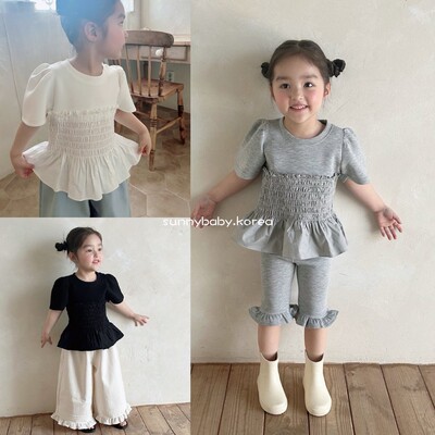 AZALEA韩国进口童装代购26夏女小童甜美纯色捏褶菲边泡泡短袖T恤