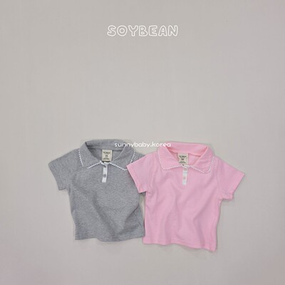 SoyBean韩国进口童装代购26夏女小童薄棉刺绣花边半开翻领短袖T恤