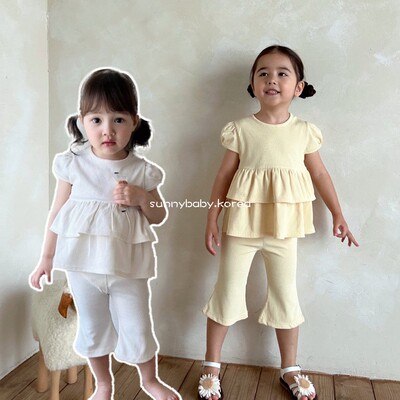 AZALEA韩国童装代购26夏女小童柔软纯色荷叶边短袖T恤喇叭裤套装