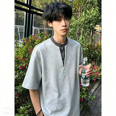 千鸟格亨利领假两件Polo衫男