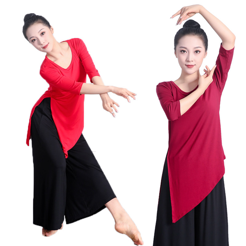 舞蹈练功服上衣女莫代尔半袖斜边修身现代民族拉丁舞形体跳舞衣服