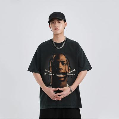 Travis Scott斯科特美式重磅纯棉摇滚嘻哈夏季复古小领口短袖T恤
