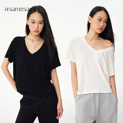 asomesome基础款V领黑色短袖T恤女春夏亲肤透气宽松休闲棉质上衣