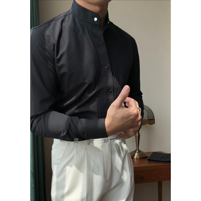 男士春季新中式宫廷风立领长袖纯色设计感休闲衬衫20261