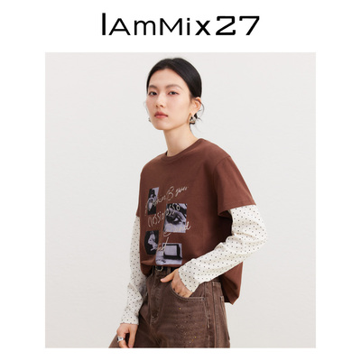 iammix27咖色假两件圆领长袖T恤