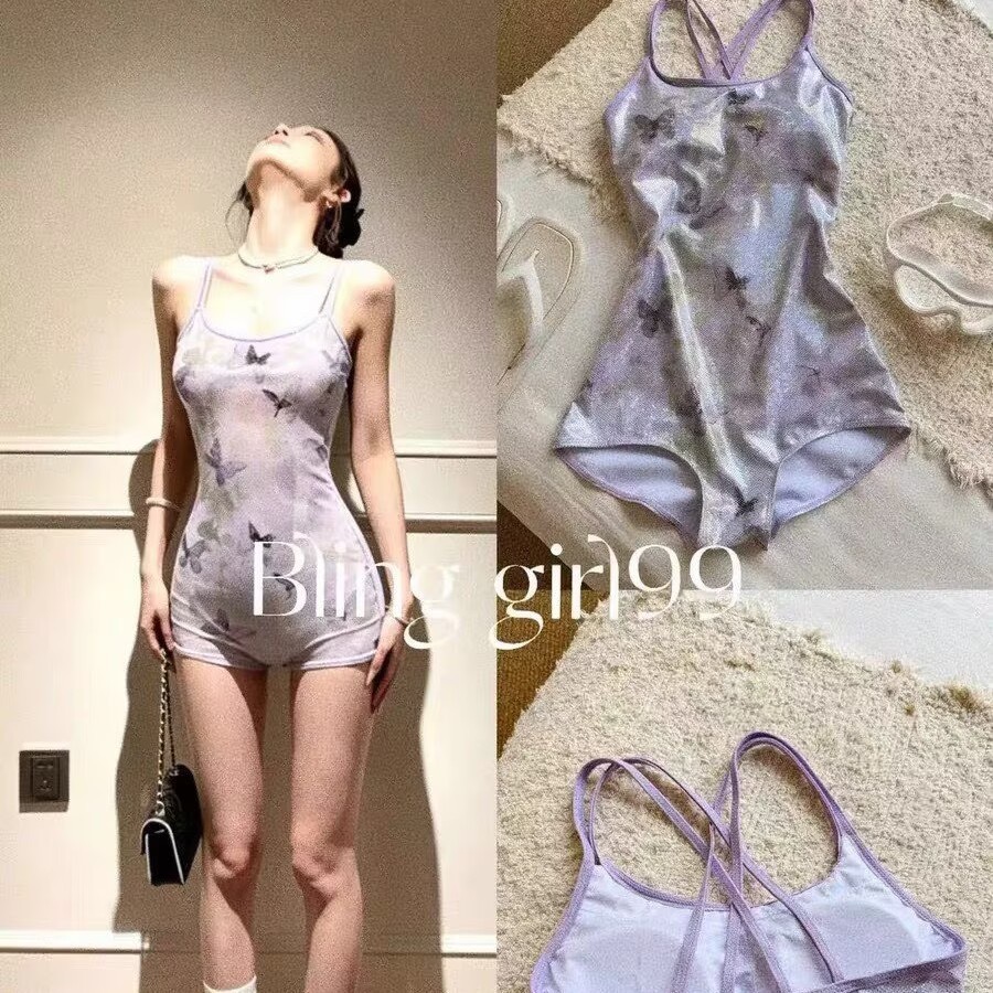 【紫梦蝴蝶】法式复古修身显瘦竞速泳衣女连体平角保守游泳馆专用