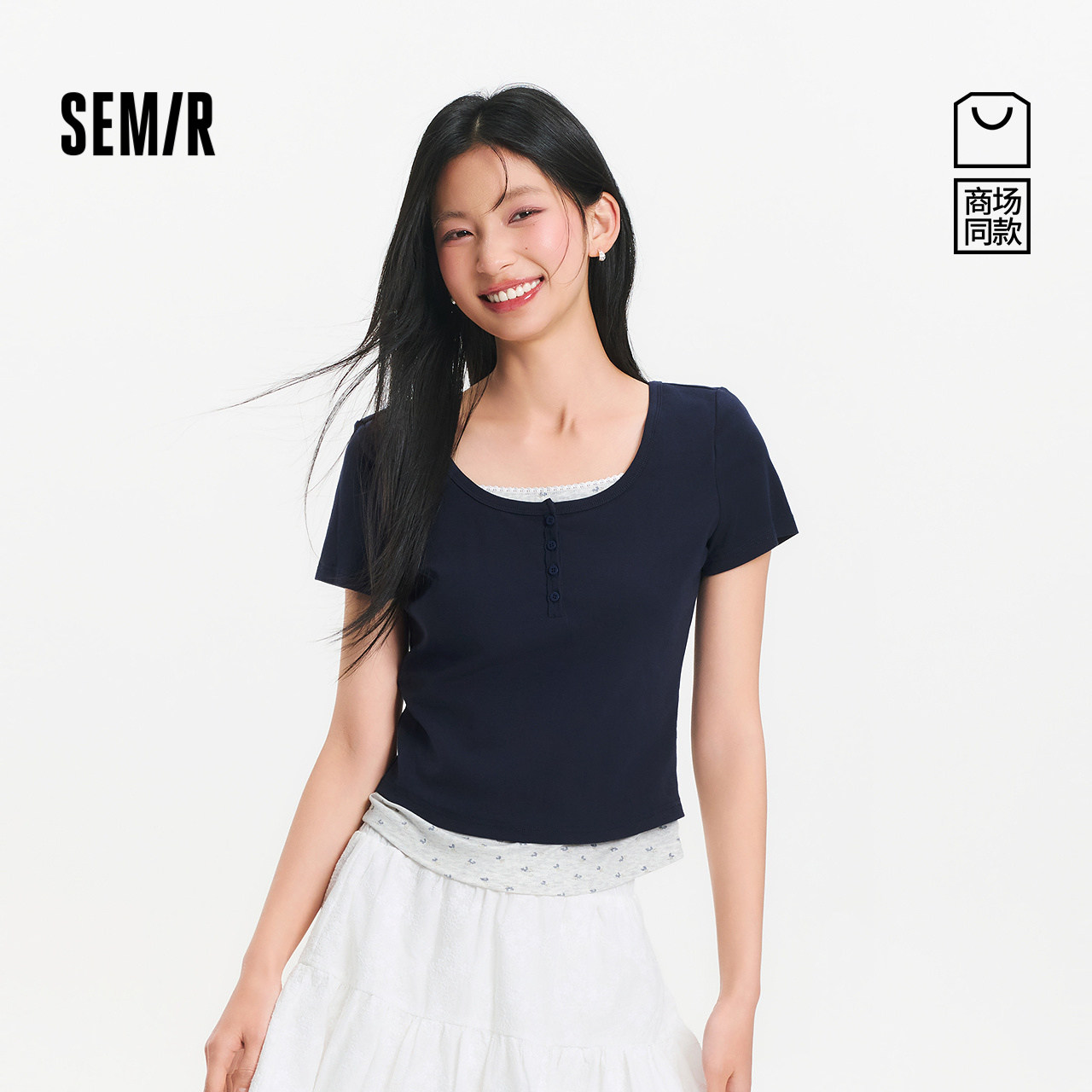 [商场同款]森马短袖T恤女短款假两件2025夏新款碎花修身正肩上衣