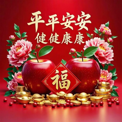 新年喜庆墙上粘贴画家人平安健康自贴画客厅玄关红苹果福字墙贴