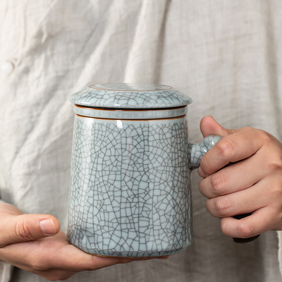 汝窑办公杯个人专用茶杯陶瓷带盖过滤茶水分离泡茶马克杯高档礼盒