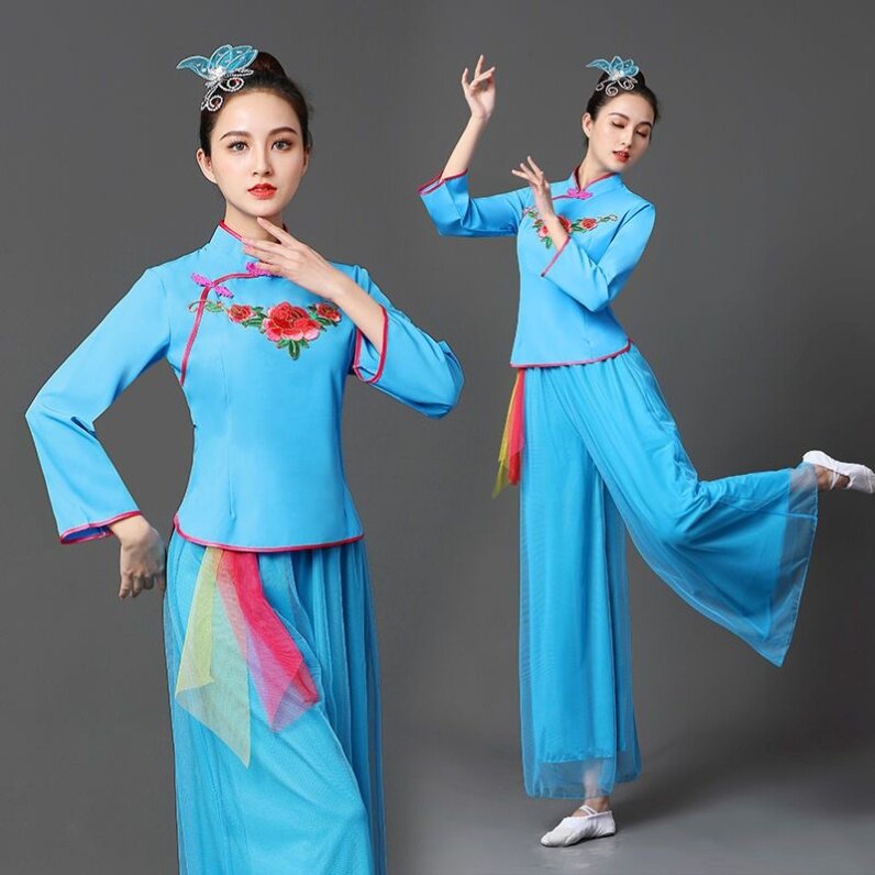 新款秧歌服女新款套装扇子舞蹈演出服腰鼓广场舞服装民族表演跳舞