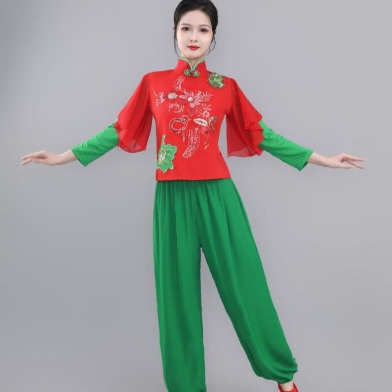 新款2024春季女秧歌服装广场舞舞蹈服红色打鼓服套装表演服舞服装