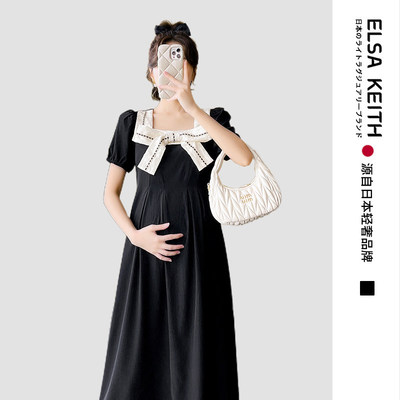 日本ELSA KEITH孕妇装夏季黑色纯棉蝴蝶结宽松连衣裙大码新品气质