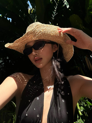 辣妹肯豆风爵士顶牛仔草帽绑带大帽檐海边遮阳防晒度假沙滩帽子女