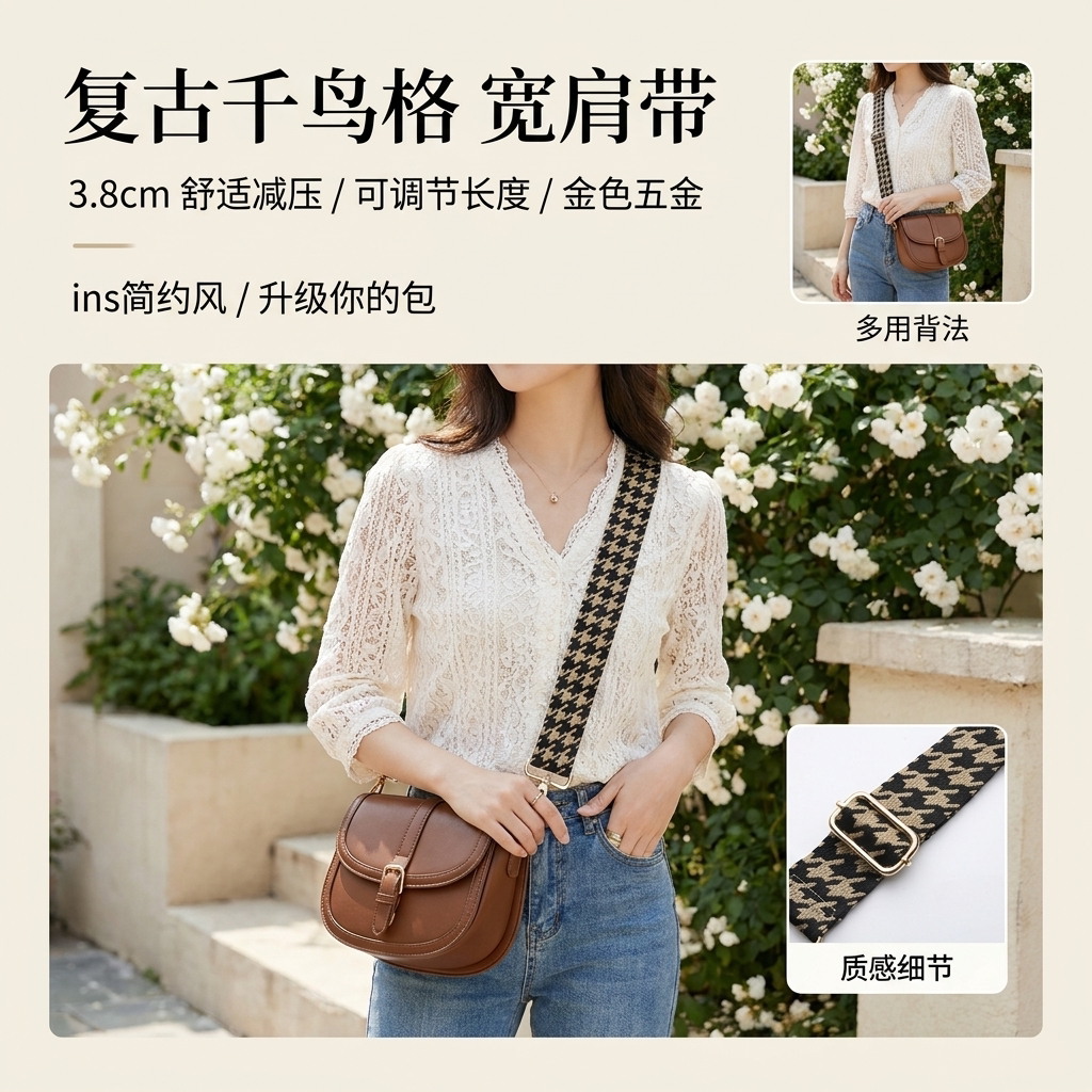 复古卡其黑千鸟格宽包带加宽可调节百搭女包斜挎替换肩带配件
