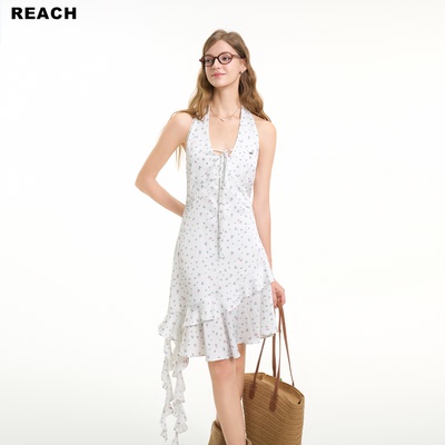 REACH碎花挂脖连衣裙女春夏新款度假风收腰显瘦无袖露背半身裙子