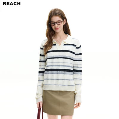 REACH设计感V型polo翻领条纹针织毛衣女春秋新款宽松显瘦百搭上衣