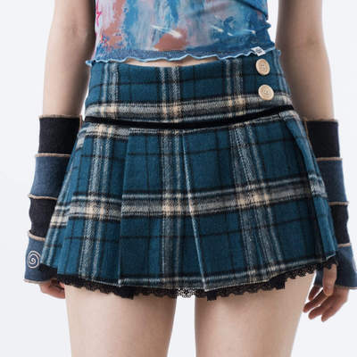 Sixthdimension海军蓝格子短裙裤