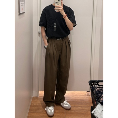 siiiend 男士休闲裤裤子宽松直筒复古褶皱中缝皮筋休闲西裤