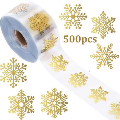 500pcs/Roll Golden Snowflake Christmas Stickers Transparent