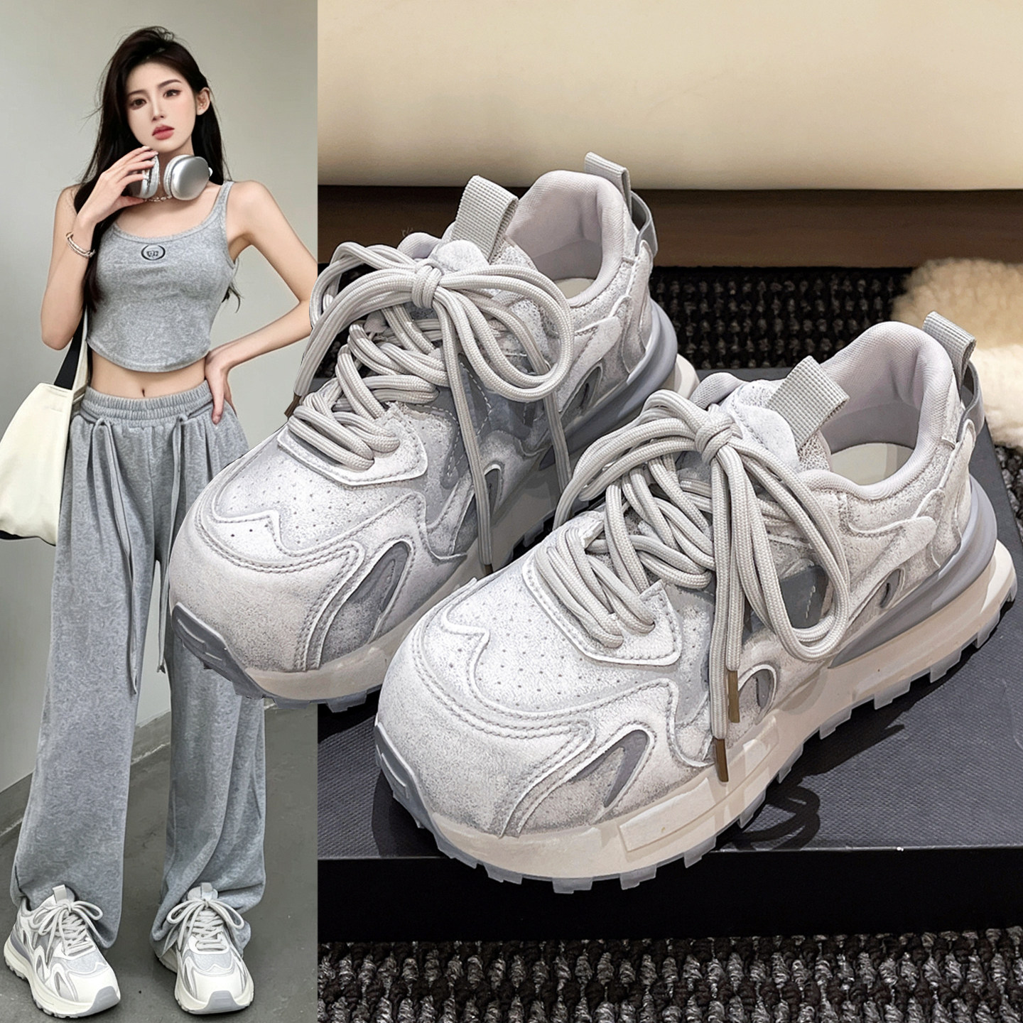 老爹鞋女2026年秋季新款炸街百搭厚底增高做旧休闲跑步运动鞋子潮