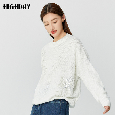 轩日highday2025春秋圆领宽松毛衣女小众珠片白色慵懒风针织毛衫