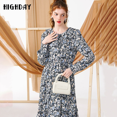 highday轩日春秋收腰显瘦女裙油画感碎花长袖娃娃领系带连衣裙ins