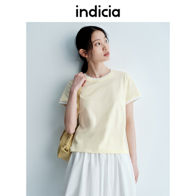 indicia标记25夏新款米黄色短袖t恤撞色边柔软上衣女装L2B5TX055