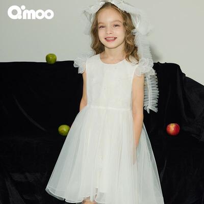 Qimoo淇木25夏季新款童装女童花朵珍珠高定优雅连衣裙QSS2LP141A