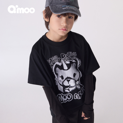 Qimoo淇木25秋季新款童装男女童舒适印花假两件长袖T恤QSS3TC121A