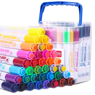 得力 印章水彩笔套装36色可水洗绘画笔初学者手绘大容量24色12色PP盒装 带印章绘图笔 70697 70698 70699